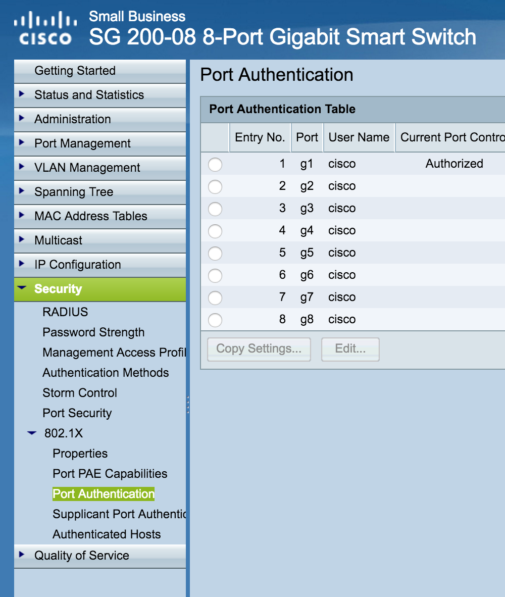 Cisco SG 200 series RADIUS 802.1x setup